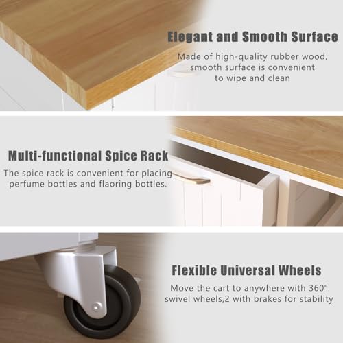 NSdirect Kitchen Island Cart,Industrial Kitchen Bar&Serving Cart Rolling on Wheels Utility Storage Trolley with 3-Tier Wine Rack Shelves&Three Storage Drawers,Soild Rubber Wood Top,White