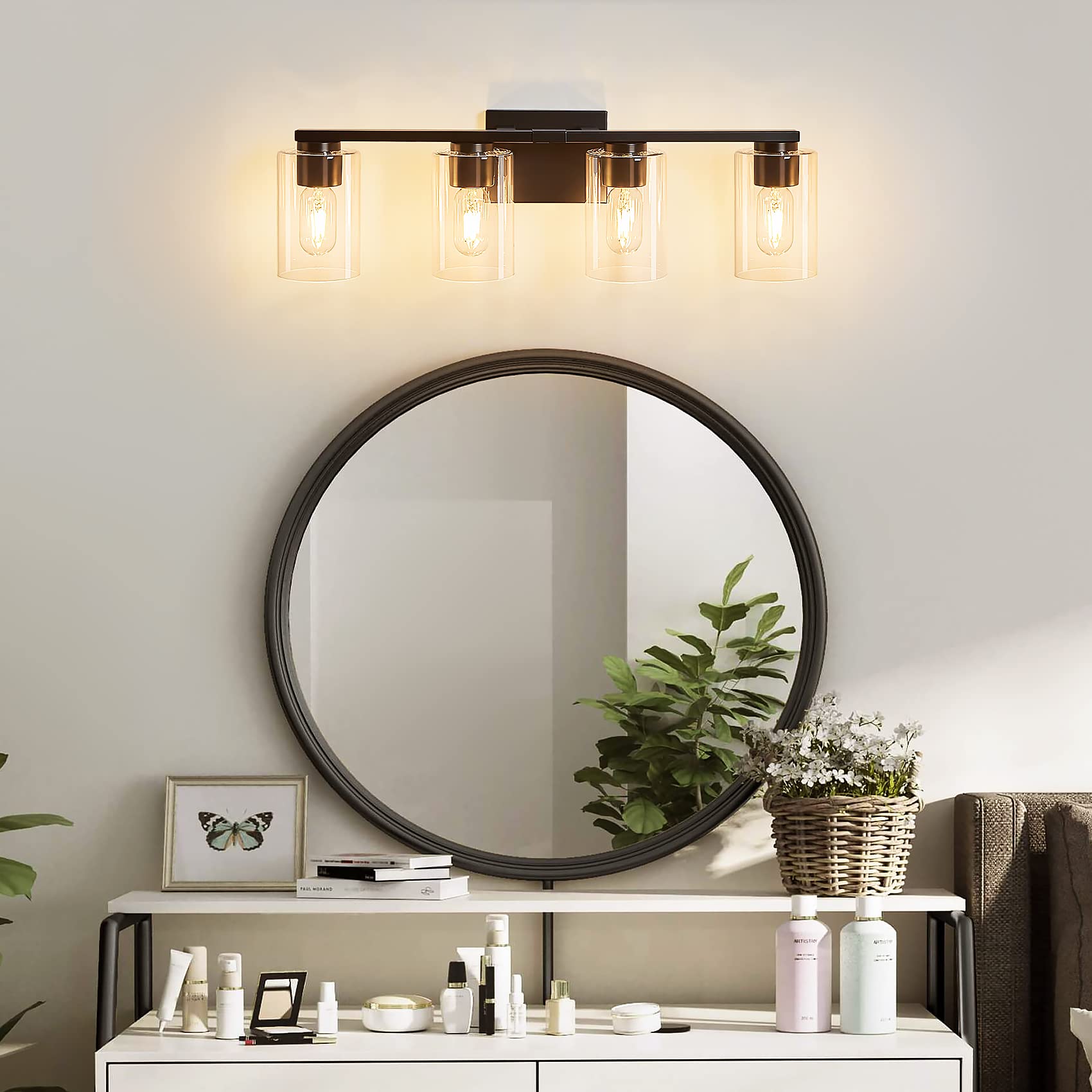 WILON 4 Light Bathroom Light Fixtures, Bathroom Vanity Light with Glass Shade, Bathroom Lights Over Mirror Wall Sconces Lighting for Bathroom Farmhouse Bathroom Light Fixtures, Matte Black Wall Light