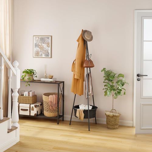 Tajsoon Coat Rack Stand, Coat Tree with Storage Basket and 9 Hooks, Coat Rack Freestanding for Bedroom, Hallway, Office, Coat Hangers Stand for Clothes, Scarves, Hats, Bags, Black