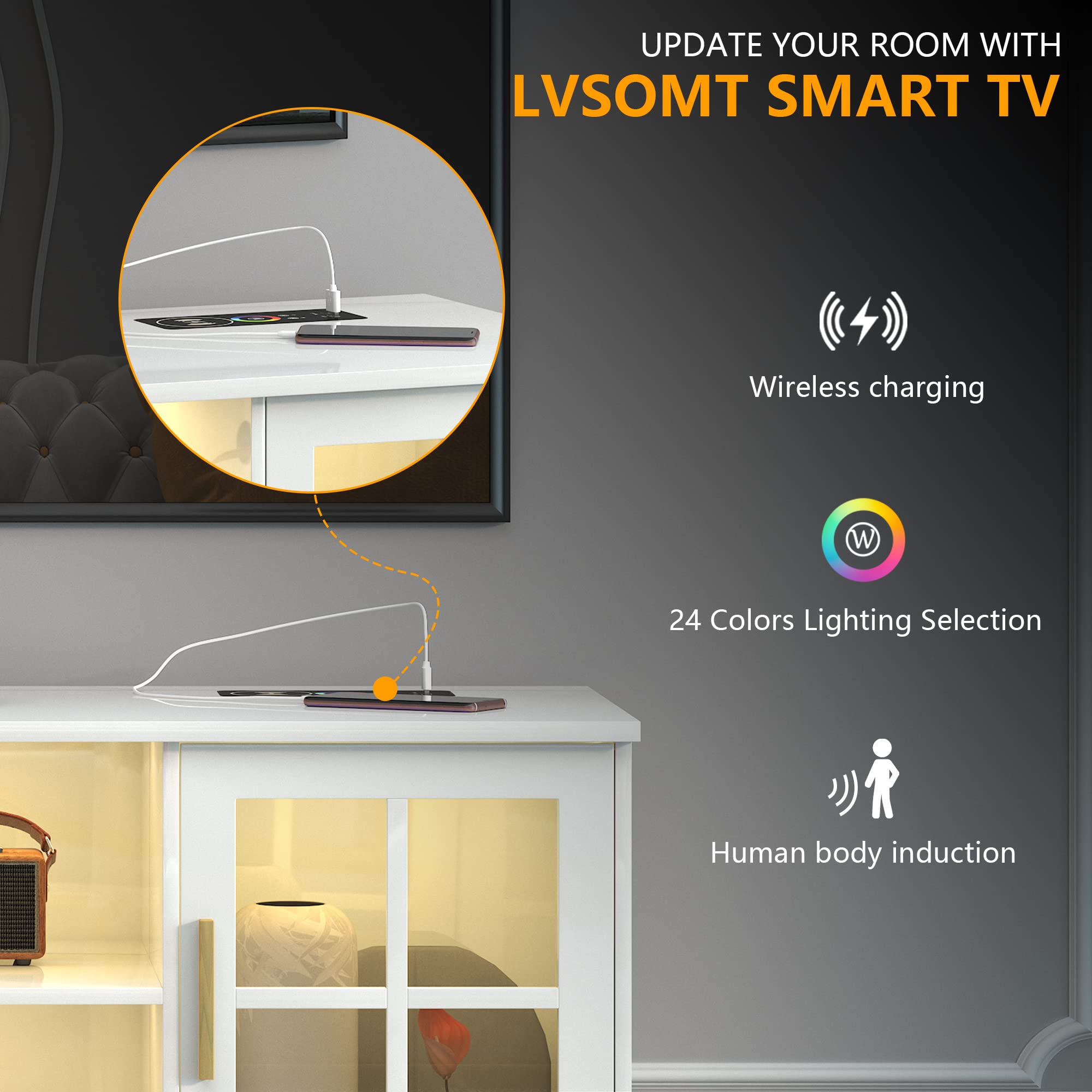 LVSOMT Modern TV Stand with Storage, Entertainment Center Cabinet for Living Room, Media Console with 24 Color Lights (Pearl White - RGB)