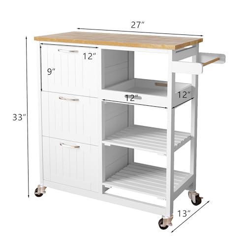 NSdirect Kitchen Island Cart,Industrial Kitchen Bar&Serving Cart Rolling on Wheels Utility Storage Trolley with 3-Tier Wine Rack Shelves&Three Storage Drawers,Soild Rubber Wood Top,White
