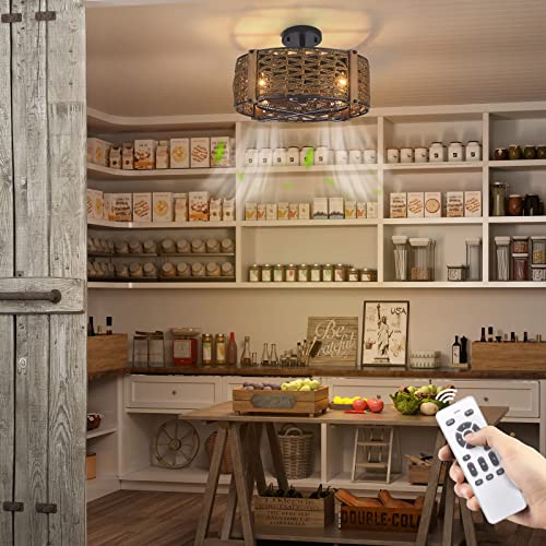 Farmhouse Caged Ceiling Fan with Lights Remote Control, Low Profile Bedroom Ceiling Fans, Industrial 17 Inch Ceiling Fans for Kitchen, Bedroom, Dining Room
