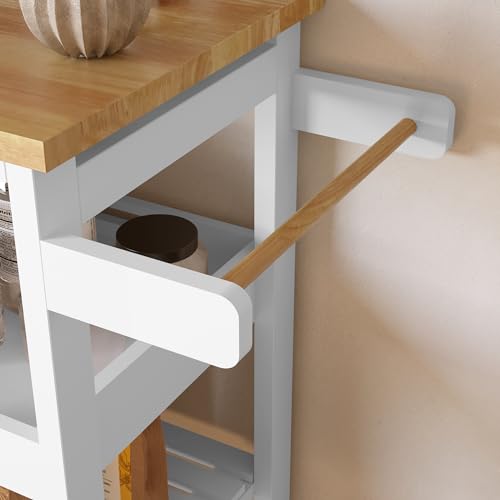 NSdirect Kitchen Island Cart,Industrial Kitchen Bar&Serving Cart Rolling on Wheels Utility Storage Trolley with 3-Tier Wine Rack Shelves&Three Storage Drawers,Soild Rubber Wood Top,White