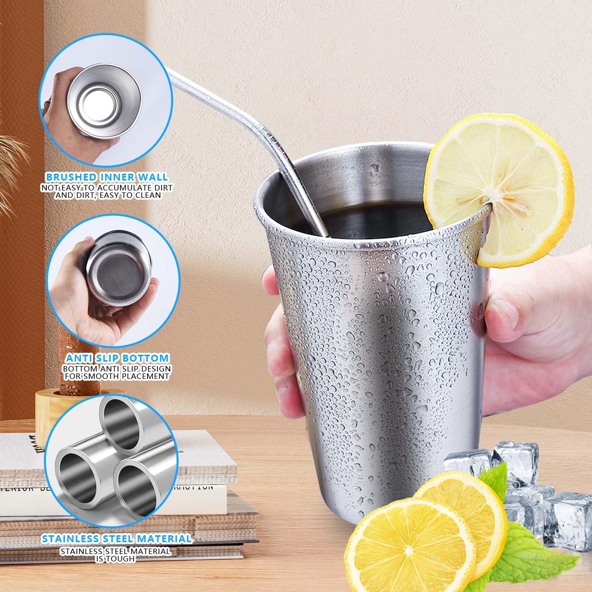 KISEER 5 Pack 8 Ounce Stainless Steel Pint Cups Shatterproof Cup Tumblers Unbreakable Metal Drinking Glasses for Bar, Home, Restaurant