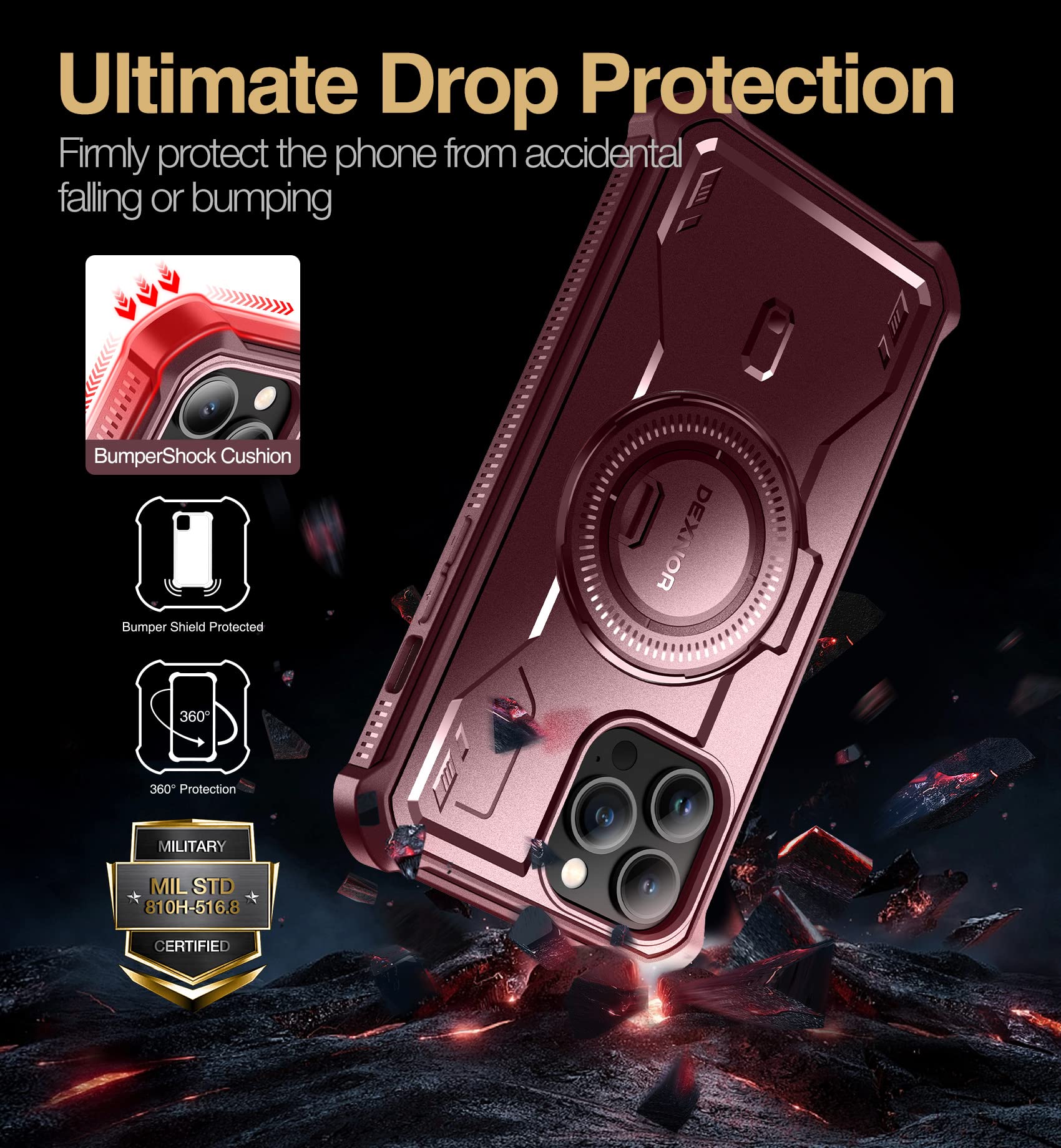Dexnor Magnetic Case for iPhone 13 Pro Max, Compatible with MagSafe, [Built in Screen Protector and Kickstand] Full-Body Heavy Duty Case Protective Cover for iPhone 13 Pro Max 6.7 Inch, Red