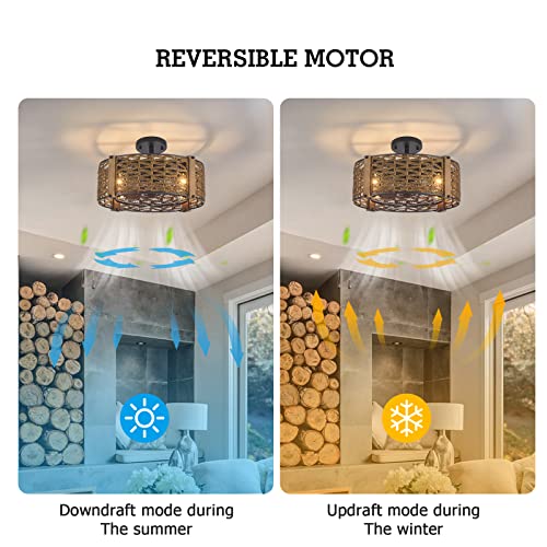 Farmhouse Caged Ceiling Fan with Lights Remote Control, Low Profile Bedroom Ceiling Fans, Industrial 17 Inch Ceiling Fans for Kitchen, Bedroom, Dining Room