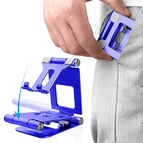 Aoviho Adjustable Cell Phone Stand Foldable Phone Holder - Aluminum Portable Phone Stand for iPhone 13 12 11 Pro X XR XS Max 8 7 6 Samsung Android Desk Decor (Blue)