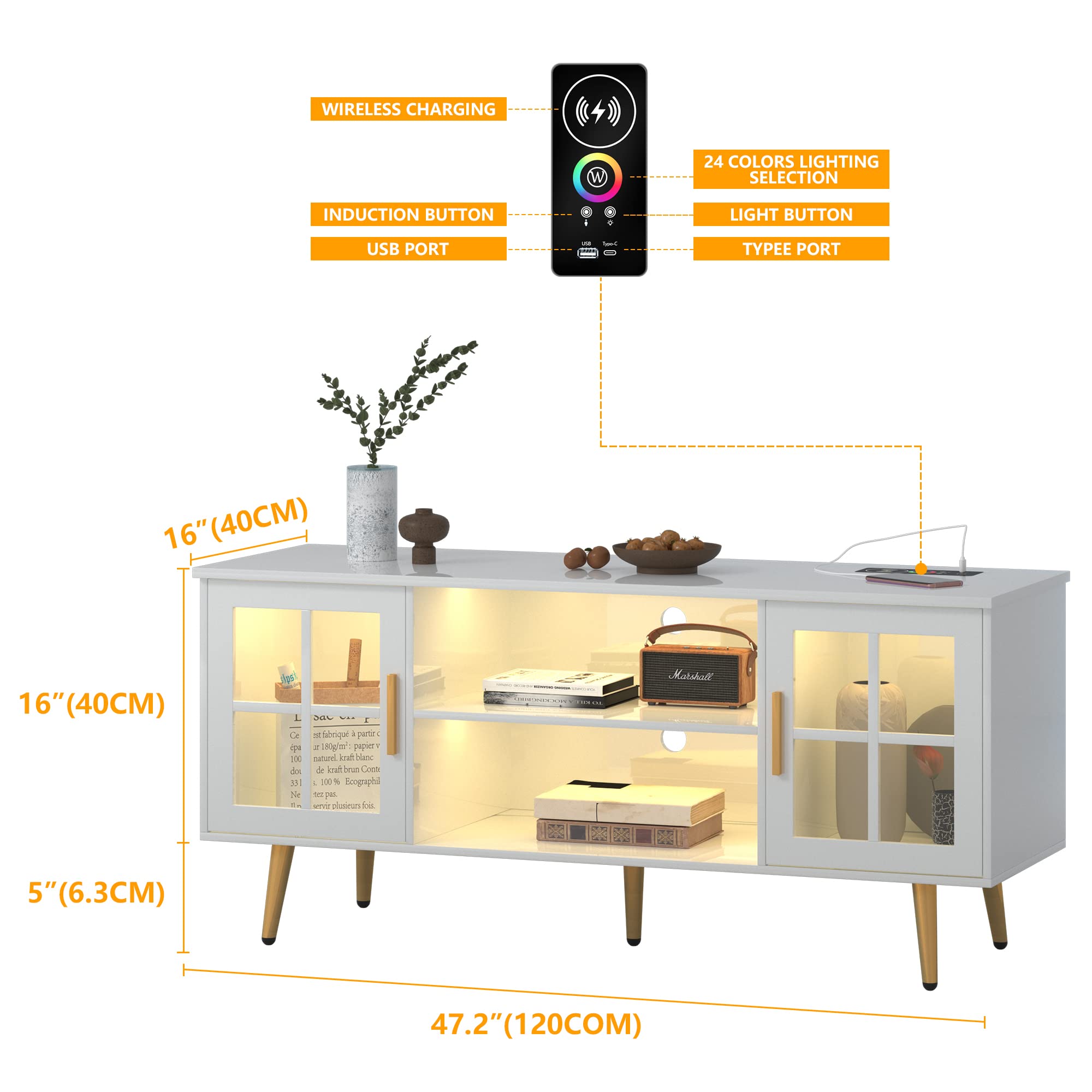 LVSOMT Modern TV Stand with Storage, Entertainment Center Cabinet for Living Room, Media Console with 24 Color Lights (Pearl White - RGB)