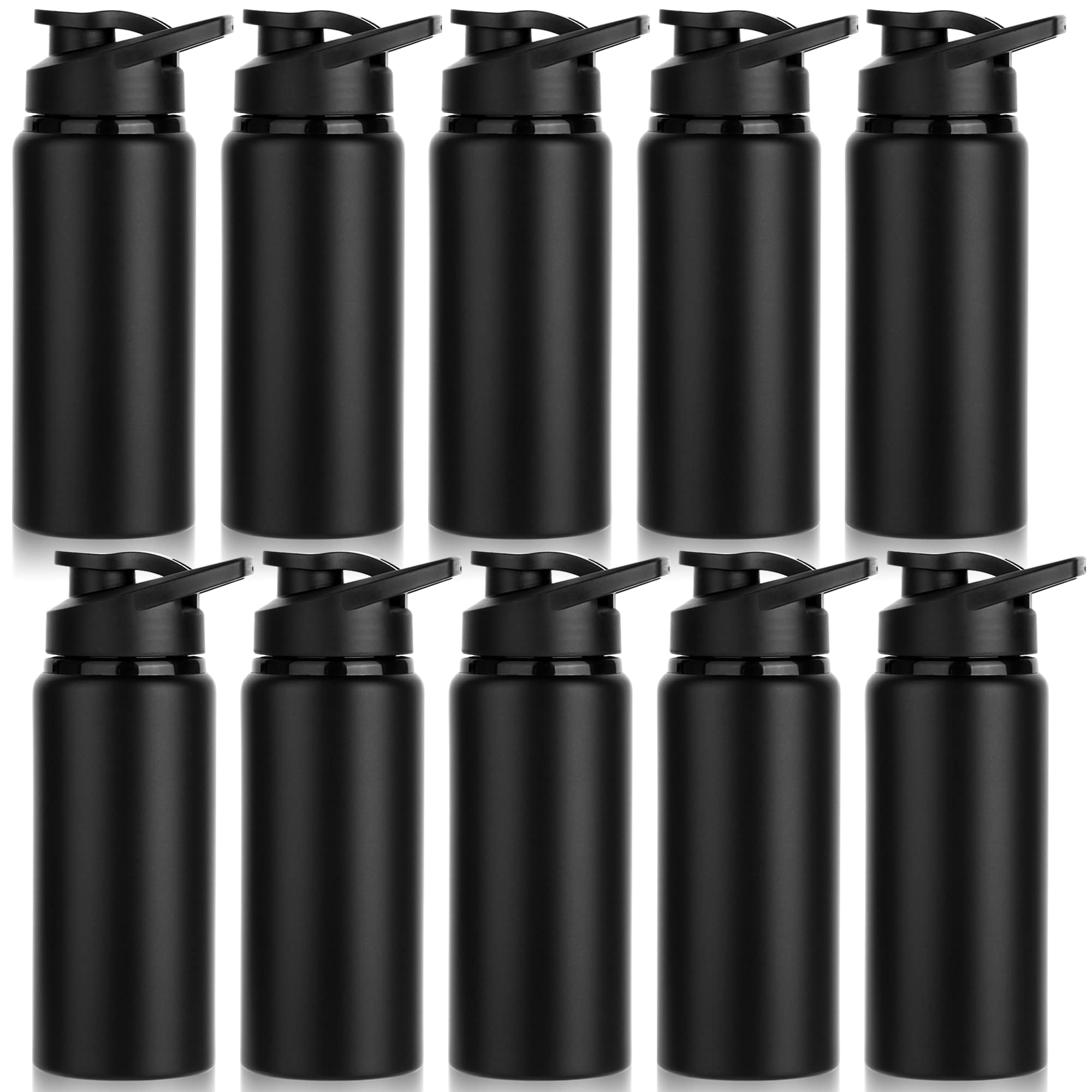 LYDTICK 10 Pack Sports Aluminum Water Bottles, 20oz with Snap Lids - Leak Proof, Personalized for Travel, Camping, Gym, Hiking, Fishing (Black)