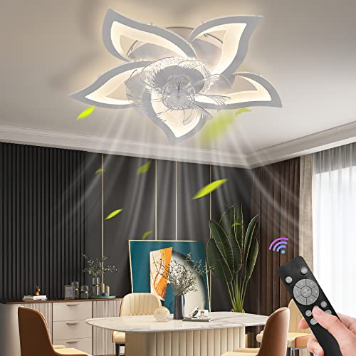 AHAWILL Modern Low Profile Ceiling Fan with Lights,110v Dimmable Flower Ceiling Light Fan with Remote Control/app Control,Timing 6 Gear Speeds Fan Suitable for Bedroom,Living Room,and etc.(White)