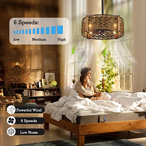 Farmhouse Caged Ceiling Fan with Lights Remote Control, Low Profile Bedroom Ceiling Fans, Industrial 17 Inch Ceiling Fans for Kitchen, Bedroom, Dining Room