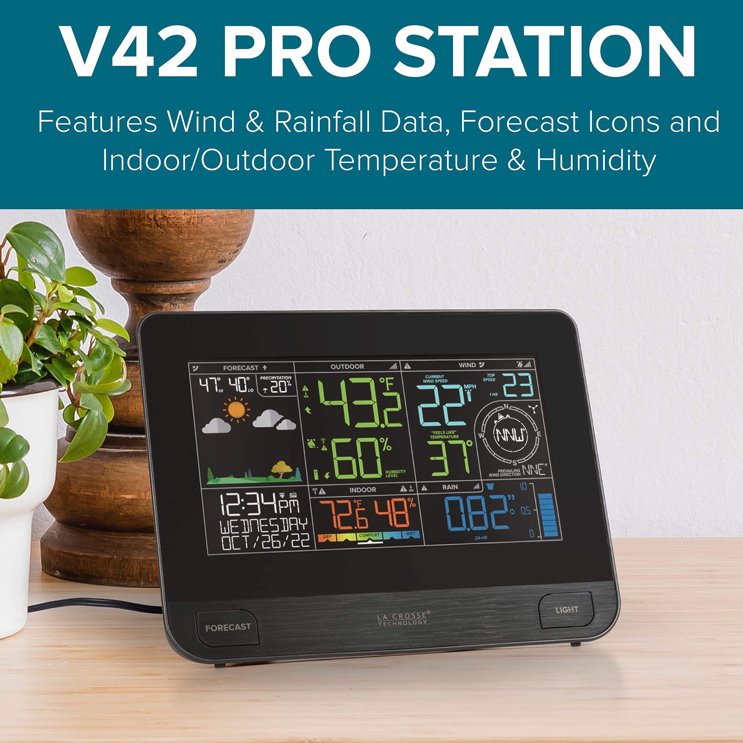 La Crosse Technology Professional Smart Wi-Fi Weather Station with Remote Monitoring (400 Foot Range), Wind and Rain Gauges, Temperature and Humidity Sensors, and Forecasting - V42-PRO-INT