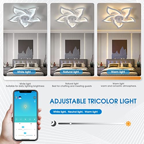 AHAWILL Modern Low Profile Ceiling Fan with Lights,110v Dimmable Flower Ceiling Light Fan with Remote Control/app Control,Timing 6 Gear Speeds Fan Suitable for Bedroom,Living Room,and etc.（White）