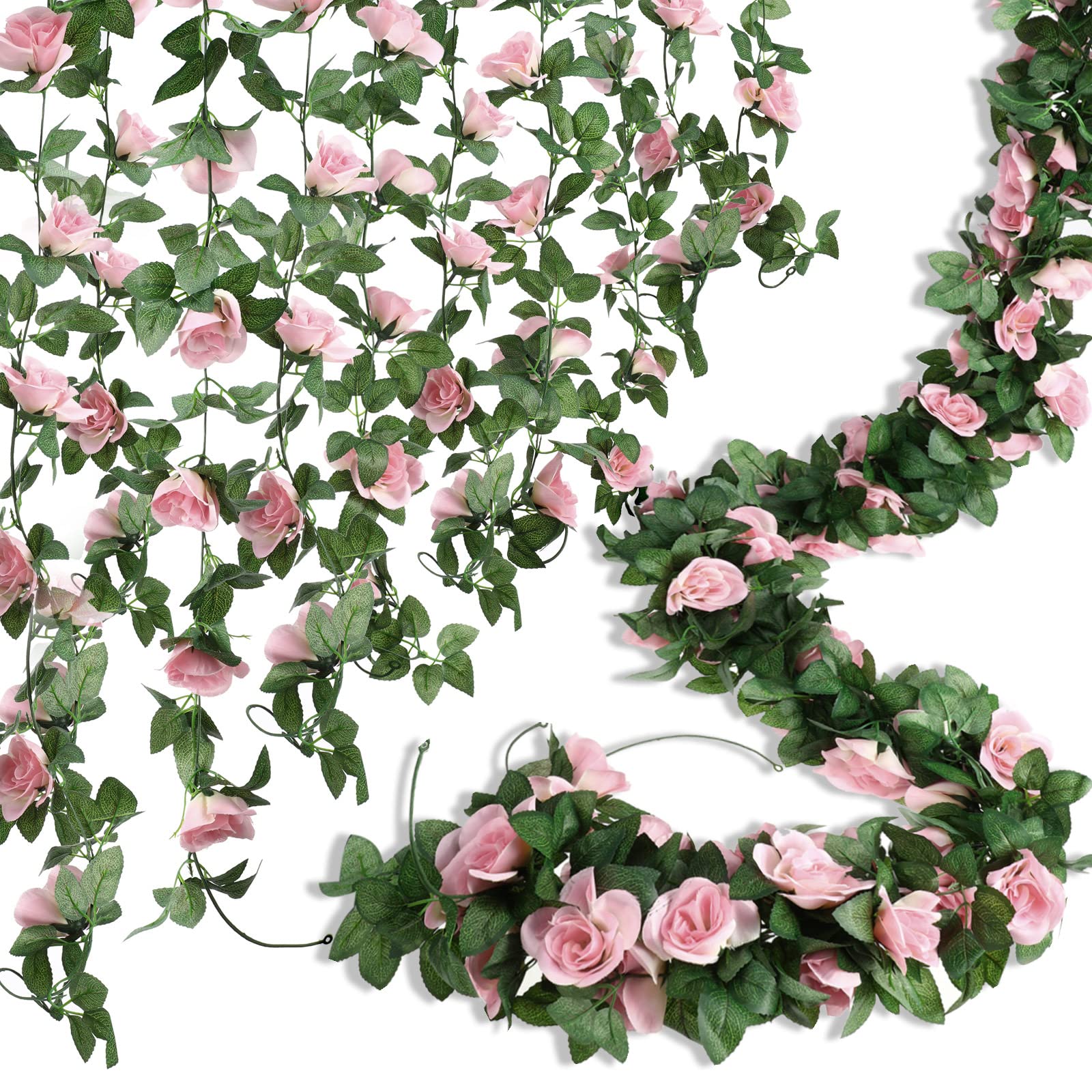 Hoteam 12 Pcs (90 Ft) Pink Fake Rose Vine Garlands for Wedding Artificial Rose Vine Plants Room Decor Flowers Hanging Rose Garland for Wall Wedding Party Backdrop Garden Craft Art Decorations