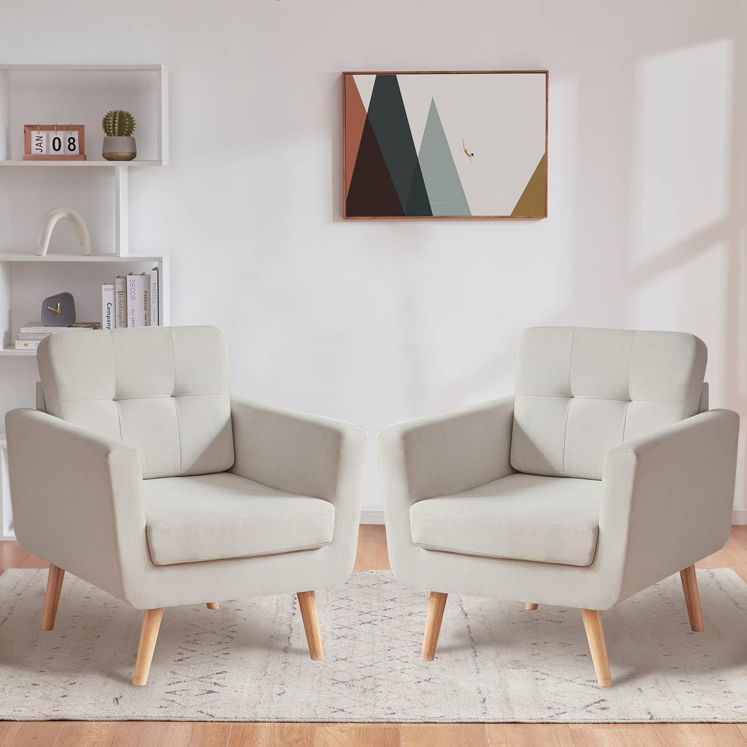 Tbfit Linen Fabric Accent Chairs Set of 2, Mid Century Modern Armchair for Living Room, Bedroom Button Tufted Upholstered Comfy Reading Accent Chair Sofa(Light Beige)