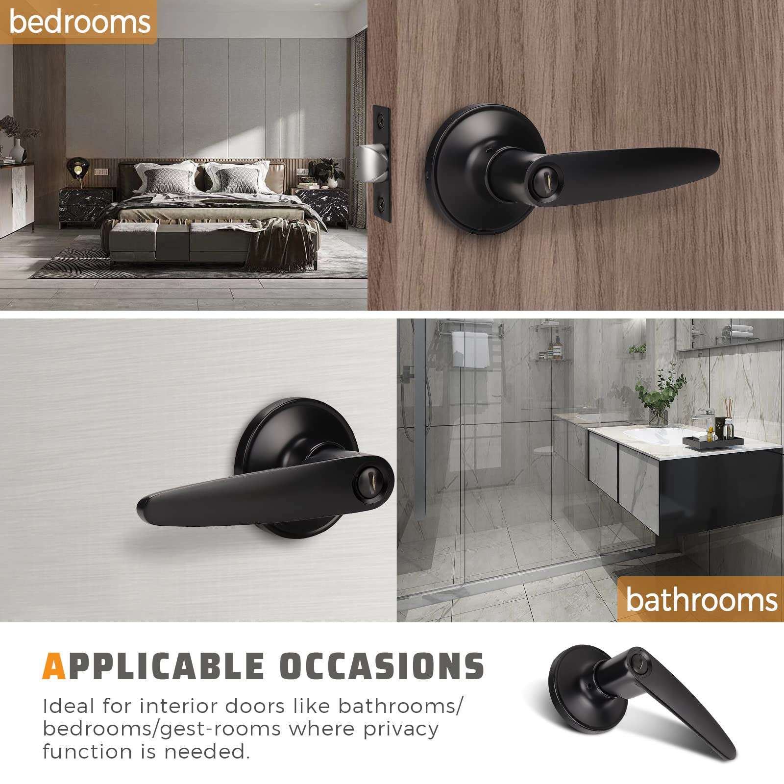 KNOBWELL 6 Pack Door Handles Black Inside Bedroom Door Knobs with Straight Lever, Interior Door Handle for Privacy Use(Lock with NO Key)