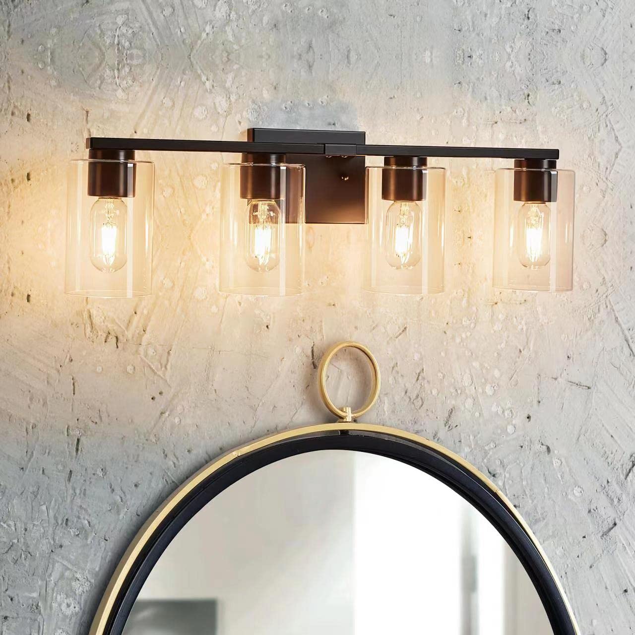 WILON 4 Light Bathroom Light Fixtures, Bathroom Vanity Light with Glass Shade, Bathroom Lights Over Mirror Wall Sconces Lighting for Bathroom Farmhouse Bathroom Light Fixtures, Matte Black Wall Light