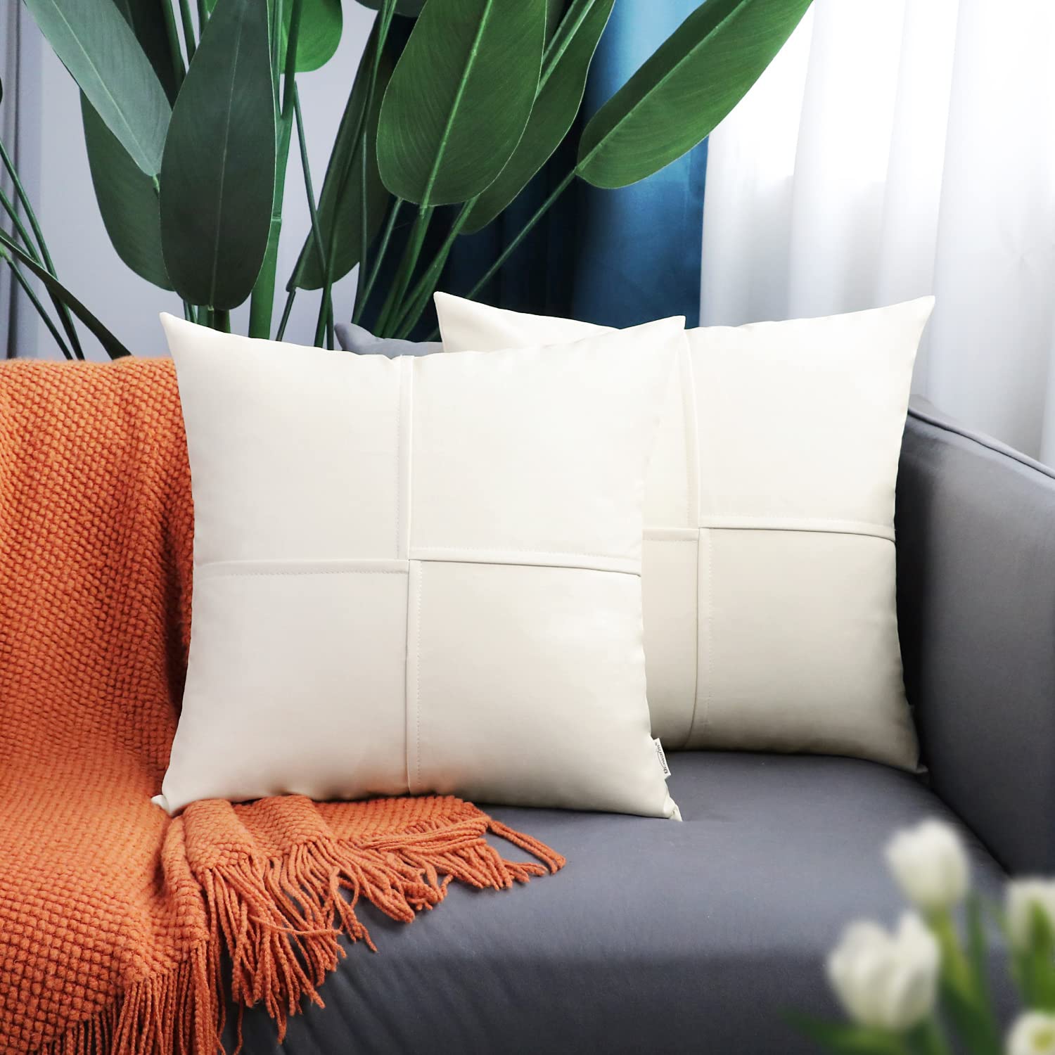 BRAWARM Faux Leather Throw Pillow Covers 20 X 20 Inches, Cream Leather Pillow Covers Pack of 2, Hand Stitched Leather Decorative Throw Pillows for Couch Sofa Bed Living Room Home Garden
