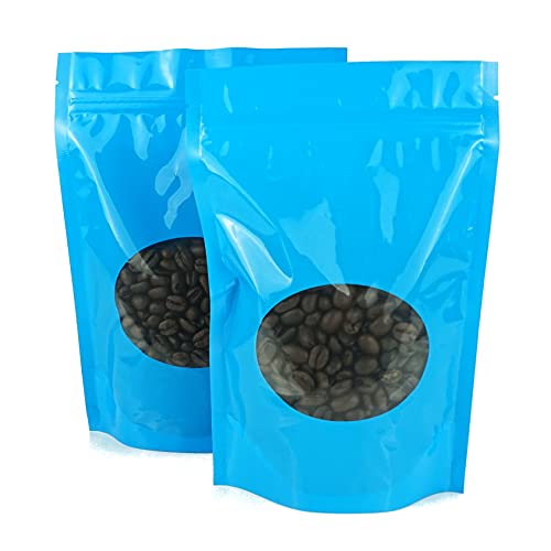QQ Studio 50 Empty Coffee Packaging Bags with Degassing Valve, 4 oz and 7 oz Glossy Zipper Seal Bags with Round Window for Roasted Coffee Bean Storage (Blue, 4oz)