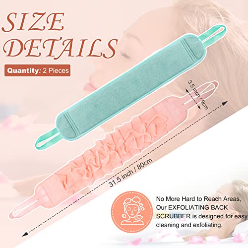 2 Pack Exfoliating Back Scrubber Double Sided Exfoliating Cloth with Strap Long Body Scrub Sponge Shower Loofah with Handle for Women Men Deep Clean Body Washing (Pink, Blue, Soft Cloth)