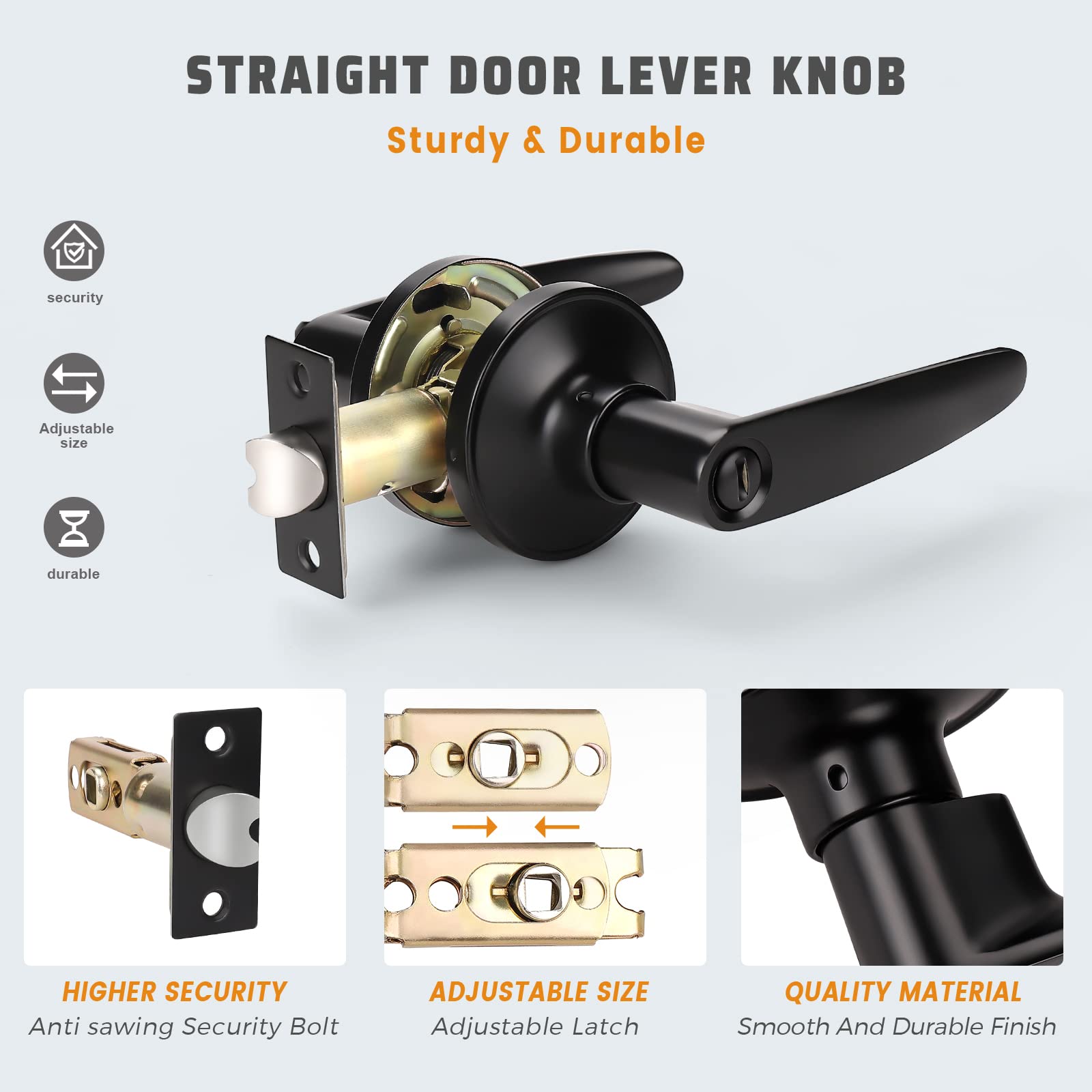 KNOBWELL 6 Pack Door Handles Black Inside Bedroom Door Knobs with Straight Lever, Interior Door Handle for Privacy Use(Lock with NO Key)