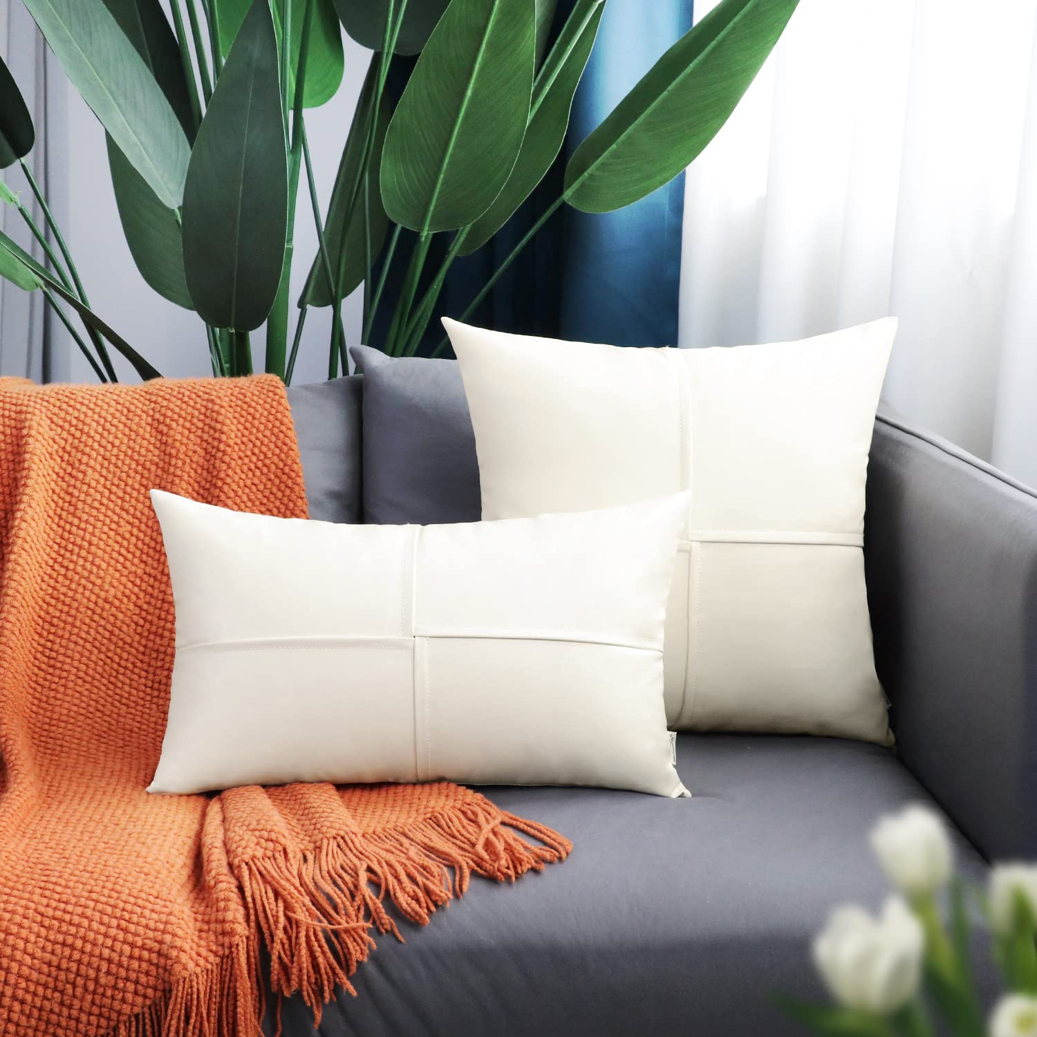 BRAWARM Faux Leather Throw Pillow Covers 20 X 20 Inches, Cream Leather Pillow Covers Pack of 2, Hand Stitched Leather Decorative Throw Pillows for Couch Sofa Bed Living Room Home Garden
