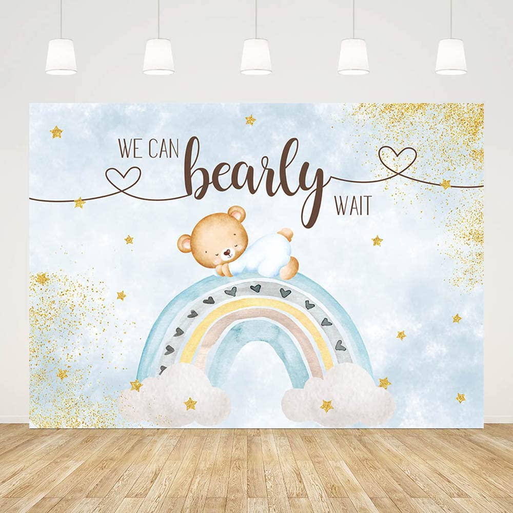 AIBIIN 7x5ft Bear Baby Shower Backdrop for Boy Rainbow Stars Clouds Gold Dots Blue Photography Background Baby Shower Party Deacorations Banner Photo Booth Studio Props