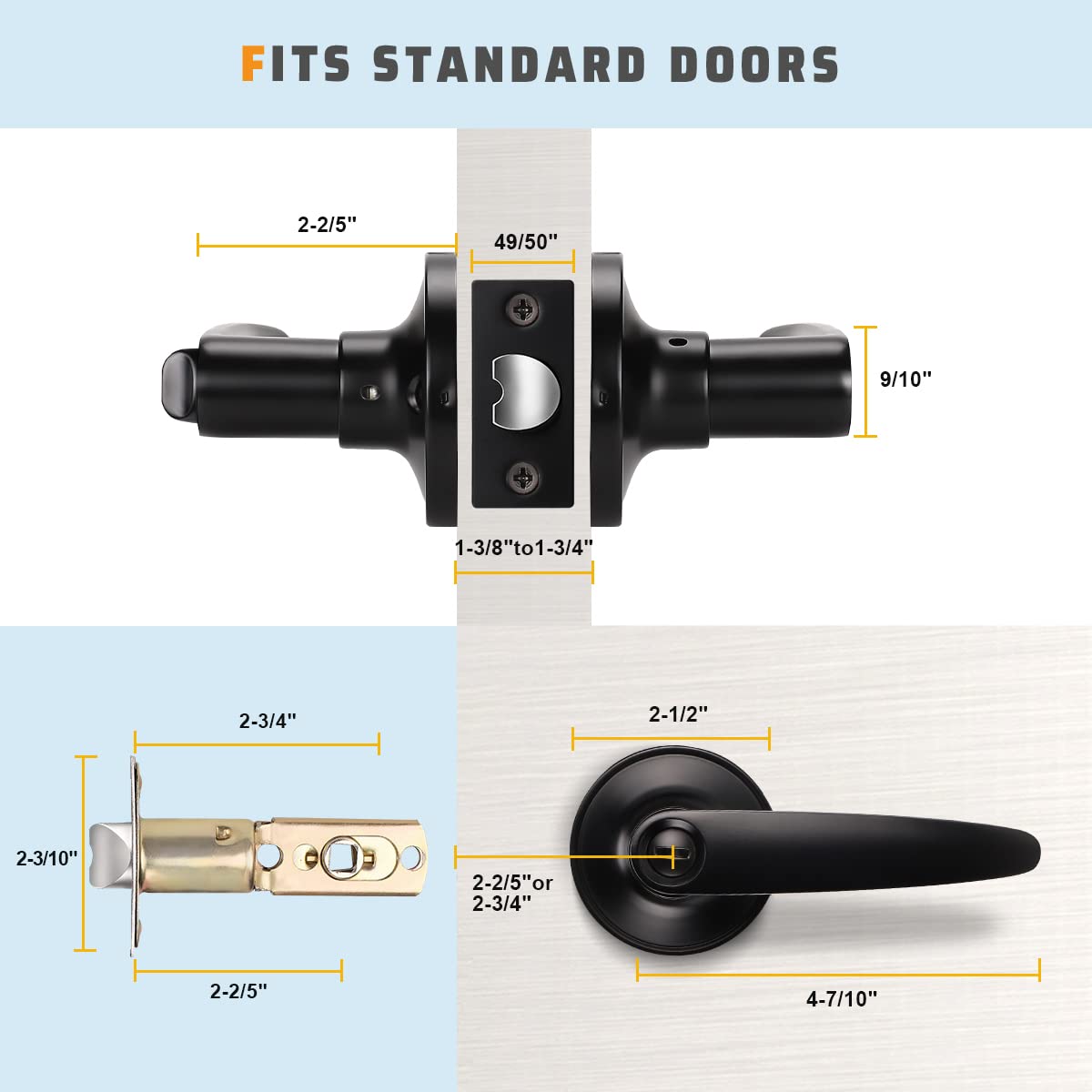 KNOBWELL 6 Pack Door Handles Black Inside Bedroom Door Knobs with Straight Lever, Interior Door Handle for Privacy Use(Lock with NO Key)