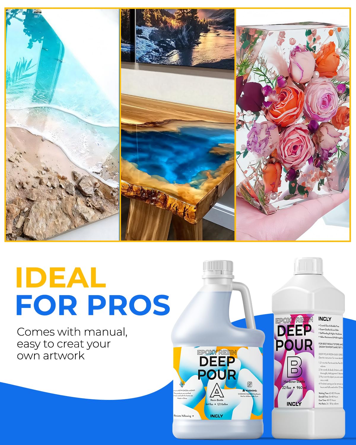 INCLY Deep Pour Epoxy Resin, 0.75 GL Epoxy Resin Kit for 2 to 4'' Pour Molds Craft, High Gloss & Bubbles Free & Crystal Clear Casting Resin Supplies for River Table, Wood Filler, Bar Top, 2 : 1 Mix