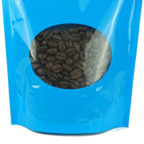 QQ Studio 50 Empty Coffee Packaging Bags with Degassing Valve, 4 oz and 7 oz Glossy Zipper Seal Bags with Round Window for Roasted Coffee Bean Storage (Blue, 4oz)