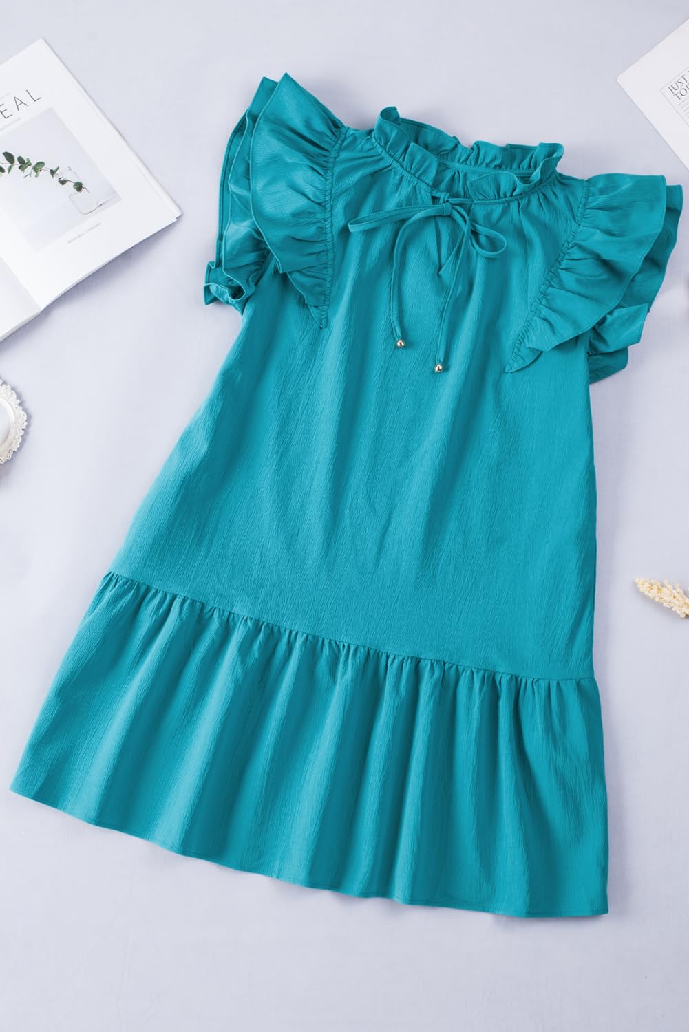 Dokotoo Summer Dresses for Women Sun Dresses 2025 Elegant V Neck Drawstring Ruffle Solid Pockets Cap Short Sleeve Casual Dresses for Women Green X-Large