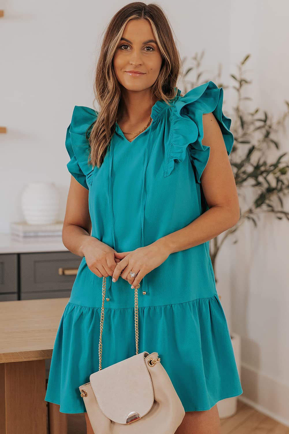 Dokotoo Summer Dresses for Women Sun Dresses 2025 Elegant V Neck Drawstring Ruffle Solid Pockets Cap Short Sleeve Casual Dresses for Women Green X-Large