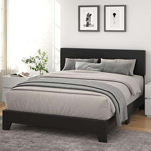 Allewie Full Size Bed Frame with Adjustable Headboard, and Waterproof Faux Leather Upholstered Platform, Sturdy Wood Slat Support, No Box Spring Needed, Easy Assembly, Black