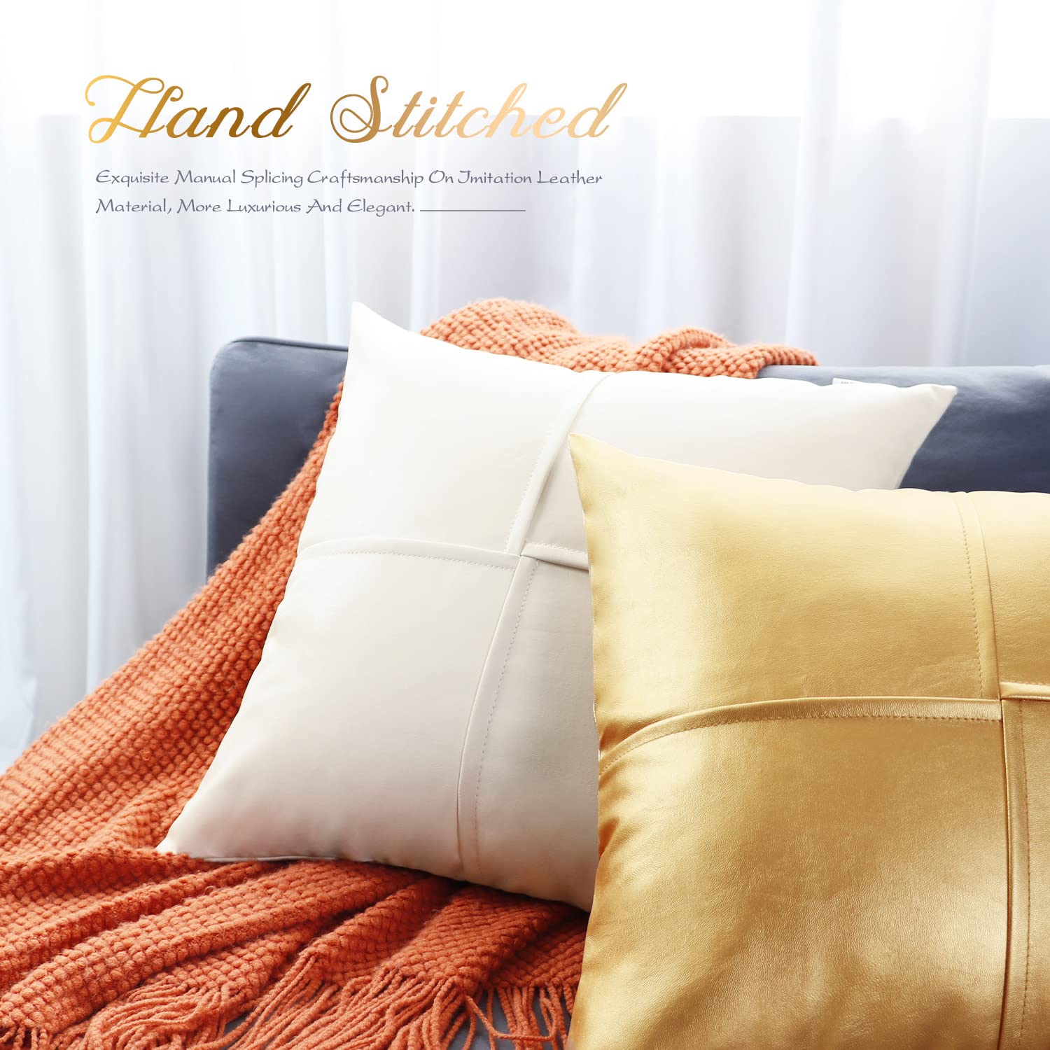 BRAWARM Faux Leather Throw Pillow Covers 20 X 20 Inches, Cream Leather Pillow Covers Pack of 2, Hand Stitched Leather Decorative Throw Pillows for Couch Sofa Bed Living Room Home Garden