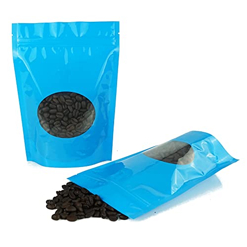 QQ Studio 50 Empty Coffee Packaging Bags with Degassing Valve, 4 oz and 7 oz Glossy Zipper Seal Bags with Round Window for Roasted Coffee Bean Storage (Blue, 4oz)