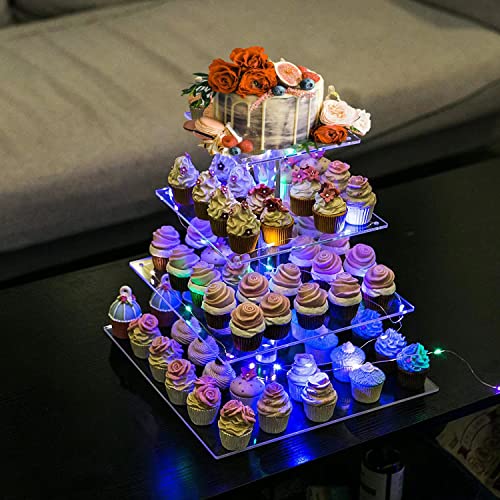BLBYHO 4 Tier Acrylic Cupcake Tower Stand, Clear Square Dessert Treat Display, Cake and Cupcake Stand Set, Candy Bar Party Décor, Bases Para Cupcakes for Birthday Wedding Party…