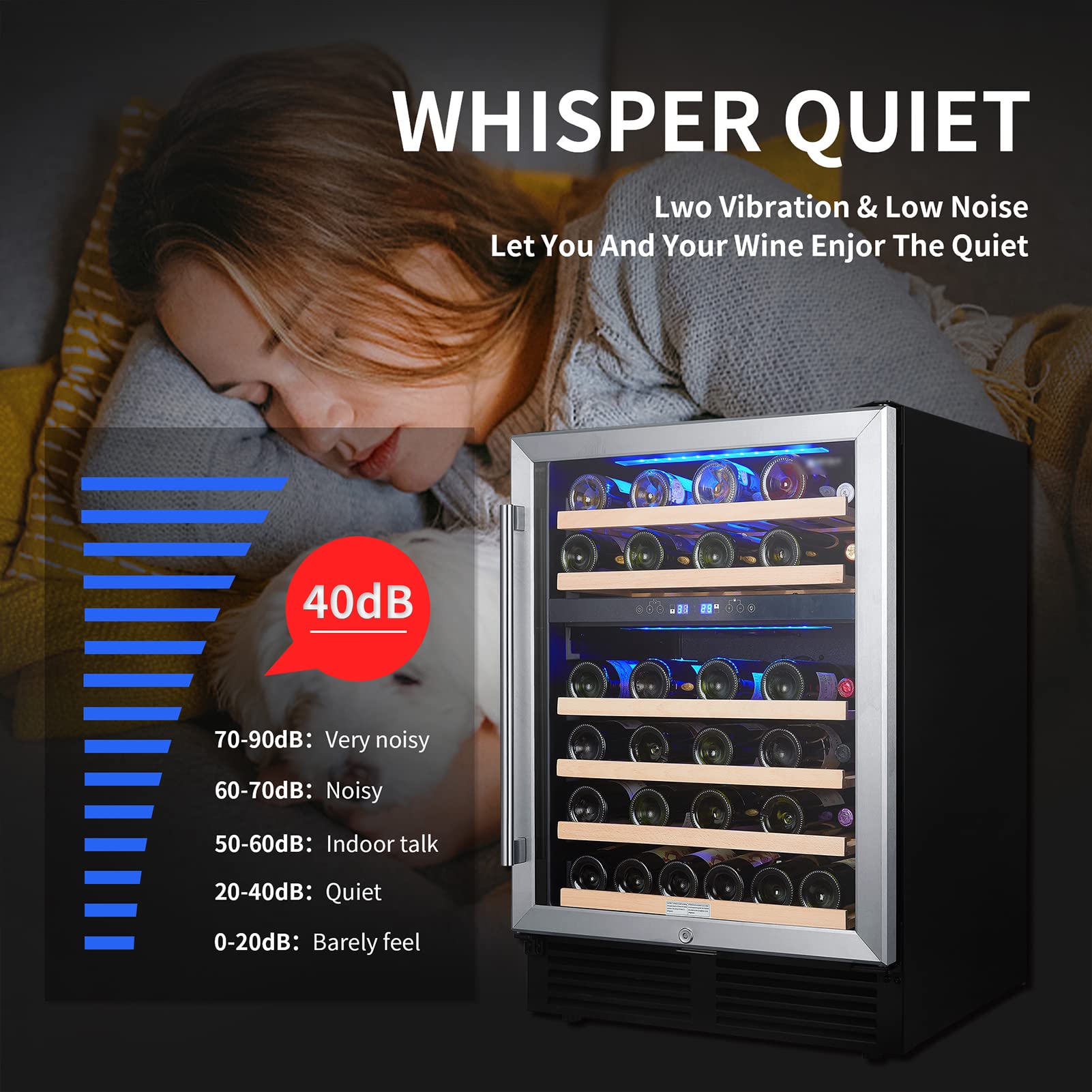 24 inch Freestanding Wine Fridge, 46 Bottle Fast Cooling Low Noise Compact Mini Wine Fridge with Stainless Steel Tempered Glass Door Small Wine Cooler Cabinet Beverage Refrigerator, for Kitchen