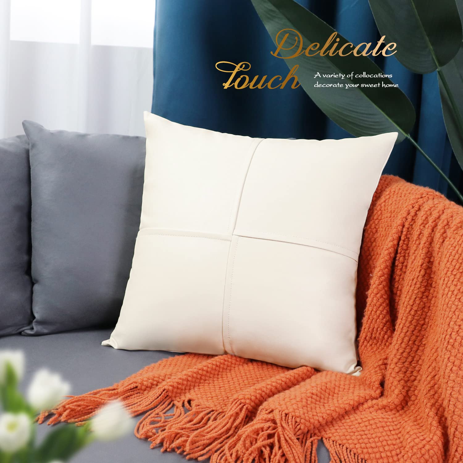 BRAWARM Faux Leather Throw Pillow Covers 20 X 20 Inches, Cream Leather Pillow Covers Pack of 2, Hand Stitched Leather Decorative Throw Pillows for Couch Sofa Bed Living Room Home Garden
