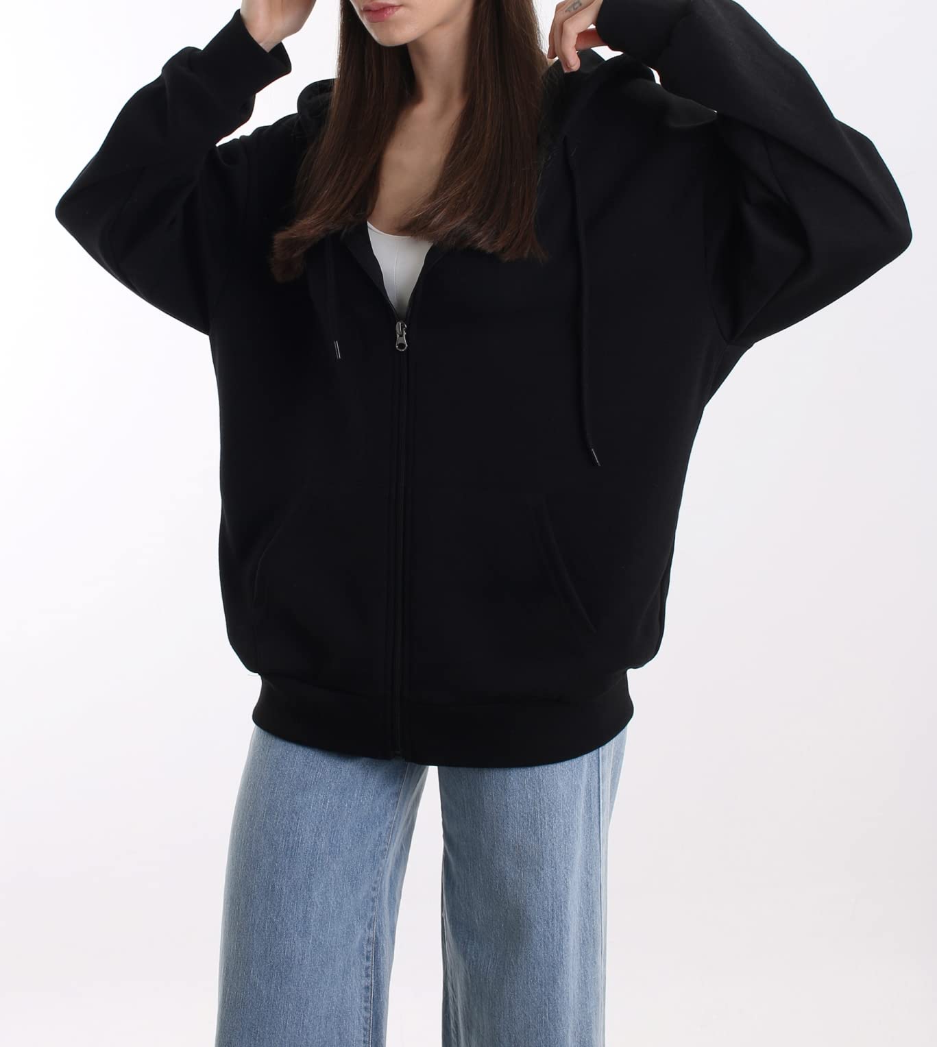TOMLALEL Women's Active Zip Up Hoodie, Oversized Loose Casual Jacket, Comfortable Long Sleeve with Pockets Zipper Drawstring (Medium, Oversized_Black)