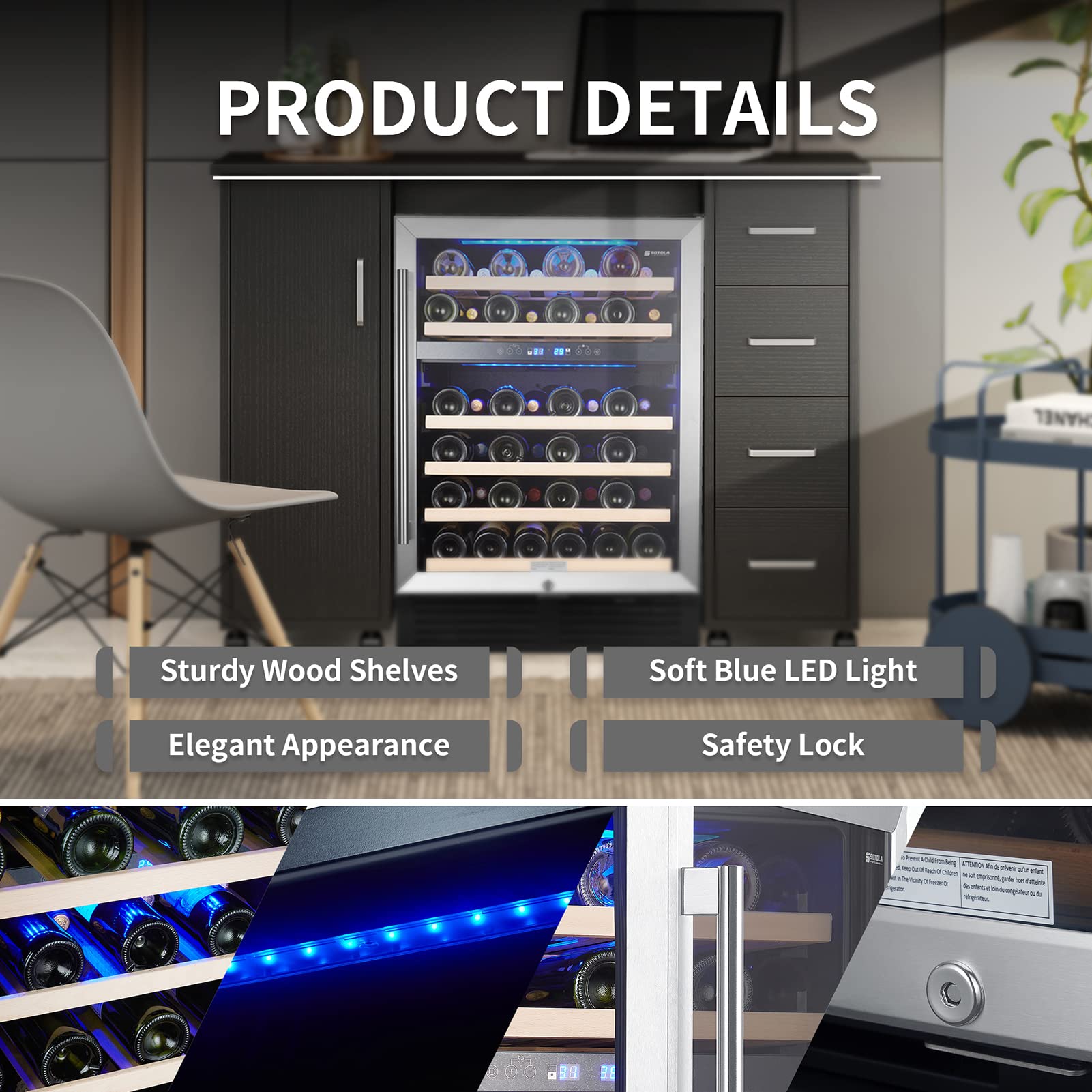 24 inch Freestanding Wine Fridge, 46 Bottle Fast Cooling Low Noise Compact Mini Wine Fridge with Stainless Steel Tempered Glass Door Small Wine Cooler Cabinet Beverage Refrigerator, for Kitchen