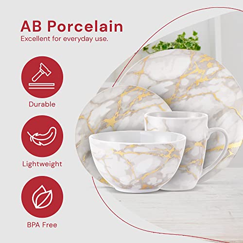 Safdie & Co. - Gold Marble Plates and Bowls Sets, Modern Dinnerware Set, Kitchen Dinnerware Sets, Indoor and Outdoor Plates, 16-Piece Kitchen Plates and Bowls Set with Mugs, Dishwasher Safe