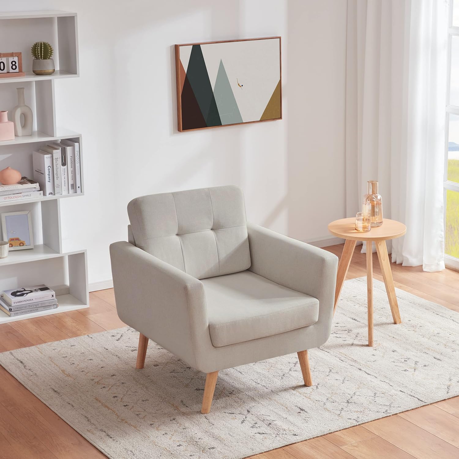 Tbfit Linen Fabric Accent Chairs Set of 2, Mid Century Modern Armchair for Living Room, Bedroom Button Tufted Upholstered Comfy Reading Accent Chair Sofa(Light Beige)