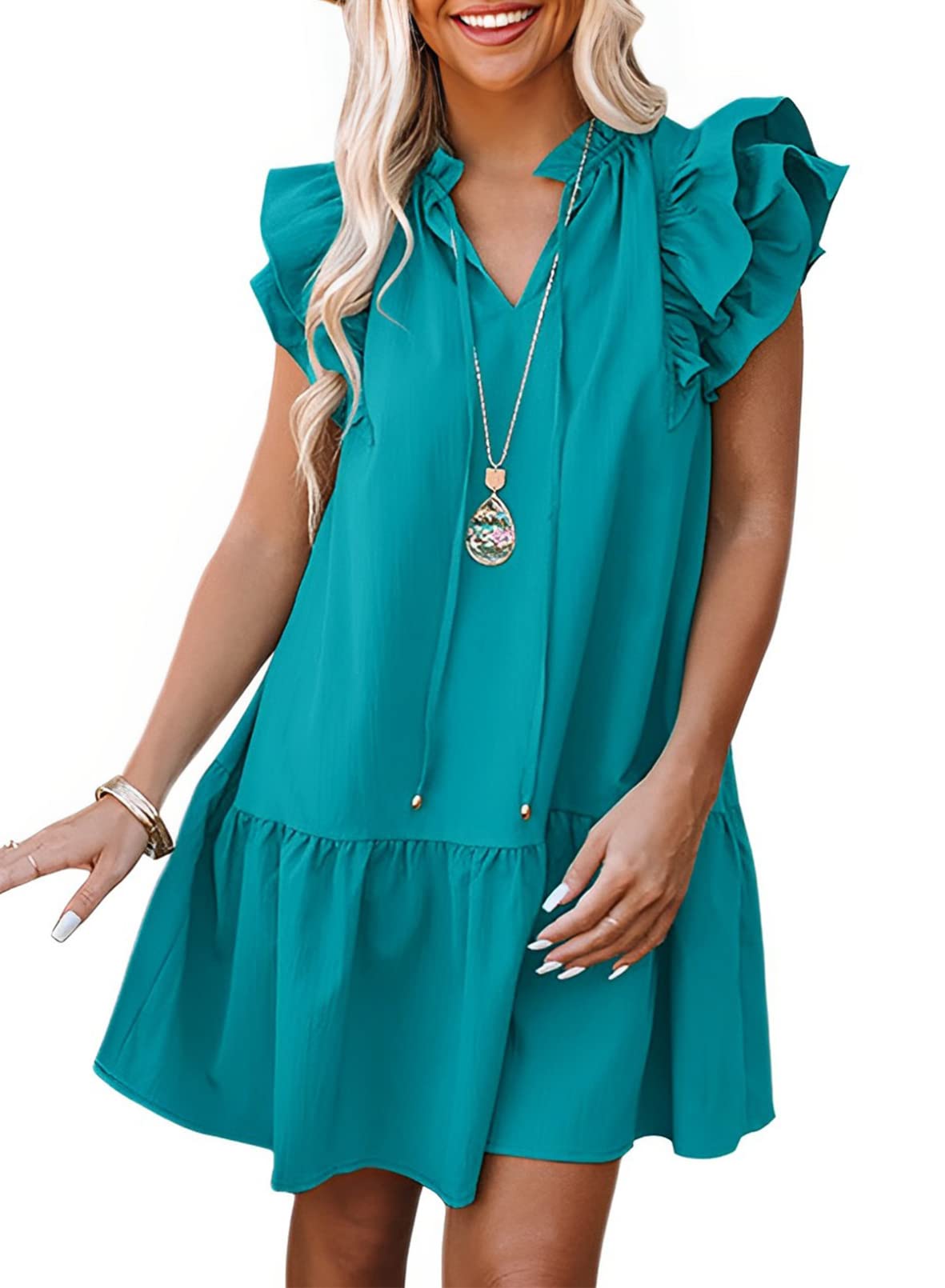 Dokotoo Summer Dresses for Women Sun Dresses 2025 Elegant V Neck Drawstring Ruffle Solid Pockets Cap Short Sleeve Casual Dresses for Women Green X-Large