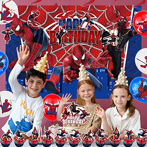 Spider Birthday Decorations Spider Theme Party Supplies for Kids Boys Include Happy Birthday Banner, Cake Topper, Backdrop, 6 Hanging Swirls, 18 Latex Balloons, 24 Cupcake Toppers