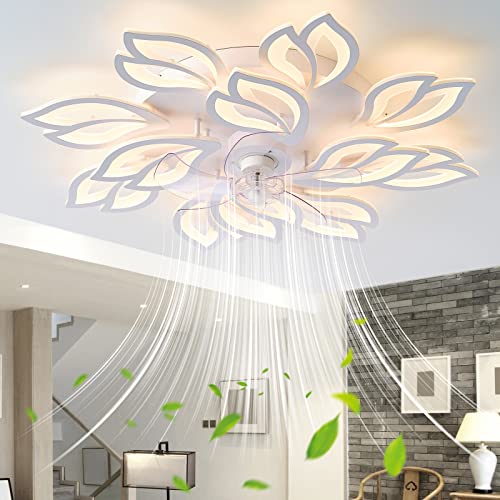 Modern Ceiling Fans with Lights, Ceiling Fan with Dimmable LED Lights and Remote, Bladeless Ceiling Fan Lights Low Profile Ceiling Fan Reversible Blades 6 Wind Speed Timing for Bedroom 35''(White)