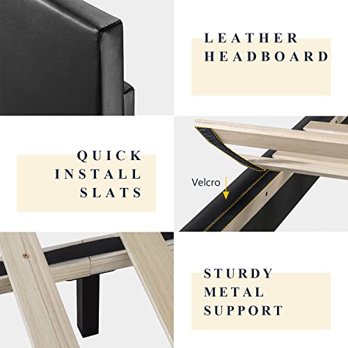 Allewie Full Size Bed Frame with Adjustable Headboard, and Waterproof Faux Leather Upholstered Platform, Sturdy Wood Slat Support, No Box Spring Needed, Easy Assembly, Black