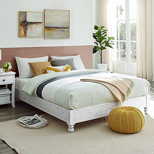 MUSEHOMEINC Wood Platform Bed Frame Rustic Style,Mattress Foundation(no boxspring Needed), White Washed Finish, King
