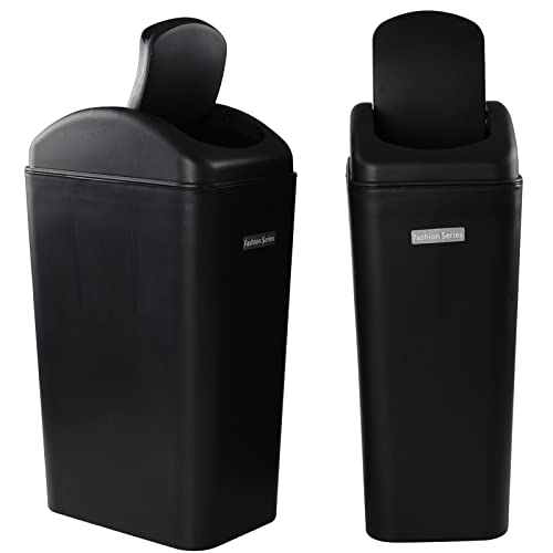 Vcansay 3.5 Gallons Black Plastic Swing Lid Trash Can, Slim Garage Trash Can Swing Top, 2 Pack