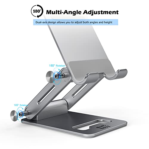 Minthouz Cell Phone Stand, Adjustable&Foldable Phone Holder for Desk, Aluminum Phone Stand with Anti-Slip Base, Compatible with iPhone 14 13 Pro Max Mini 12 11 and More 4.7''-7.9'' Smart Phones - Gray