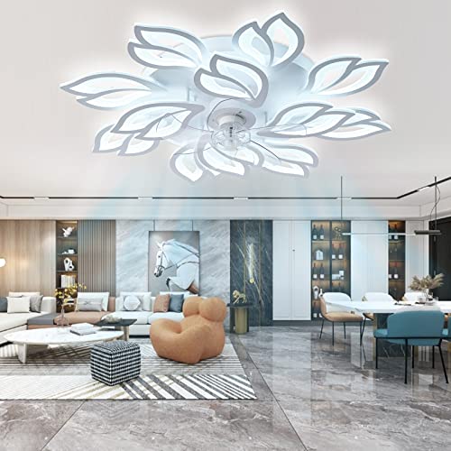 Modern Ceiling Fans with Lights, Ceiling Fan with Dimmable LED Lights and Remote, Bladeless Ceiling Fan Lights Low Profile Ceiling Fan Reversible Blades 6 Wind Speed Timing for Bedroom 35''(White)